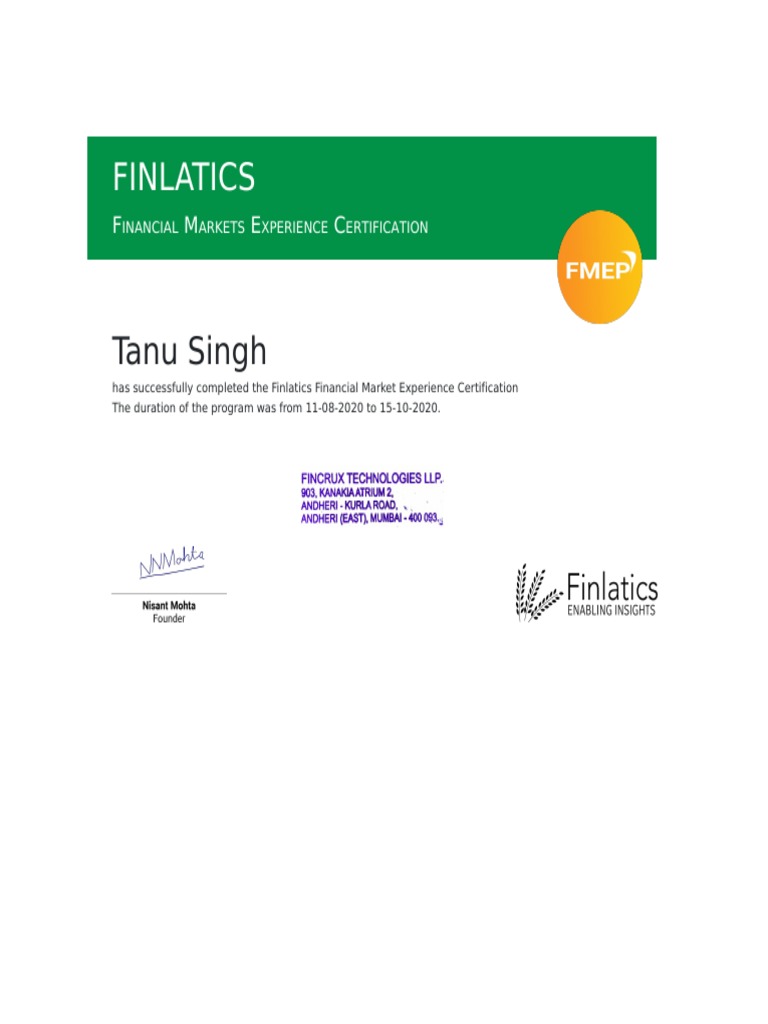 Https WWW - Finlatics.com Pdfs Certificates 16328 Certificate | PDF
