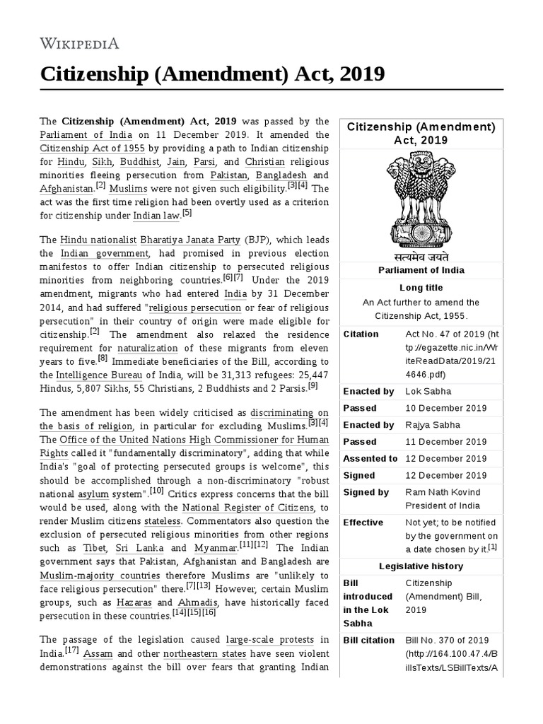 Citizenship Amendment Act 2019 Overview | PDF | Government Of India ...