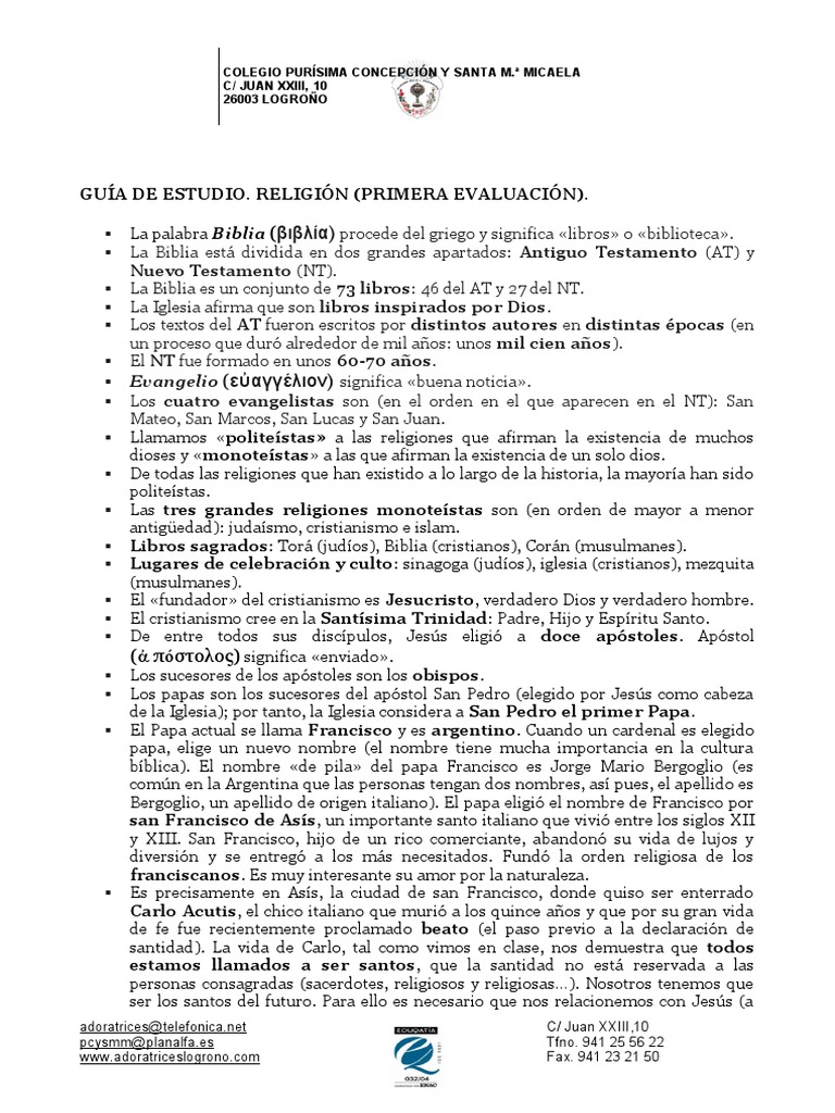 Guía de Estudio RELI (1 Ev, 2020-2021) | PDF