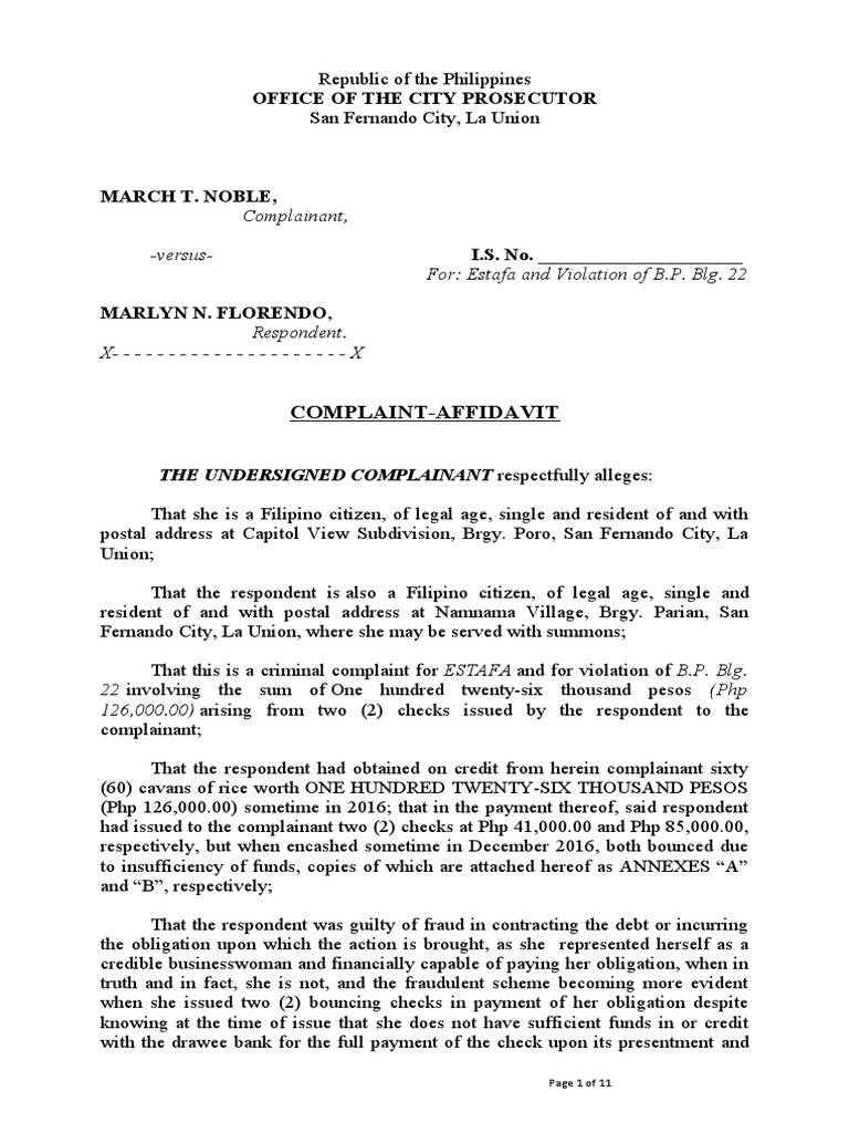 Complaint Affidavit of March T Noble VS Marilyn Florendo For BP 22 ...