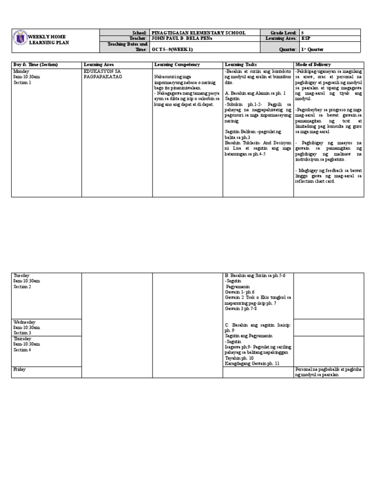 ESP Grade 5 Weekly Home Learning Plan - For Modular 1st Quarter-1st ...