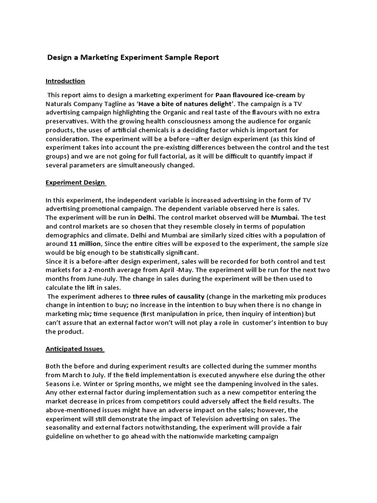 Design A Marketing Experiment Sample Report | PDF | Experiment | Media ...