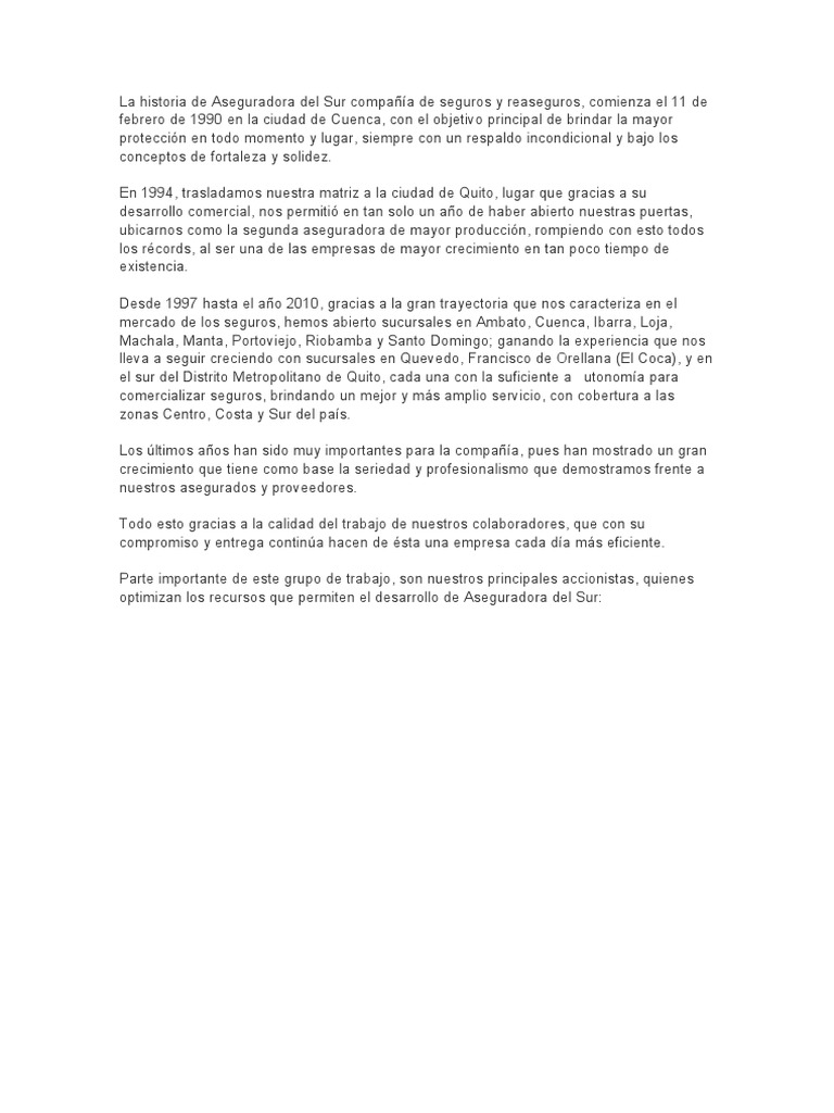 La Historia de Aseguradora Del Sur Compañía de Seguros y Reaseguros | PDF