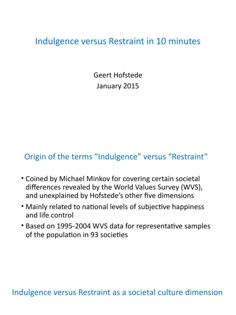 Indulgence Versus Restraint in 10 Minutes: Geert Hofstede January 2015 ...