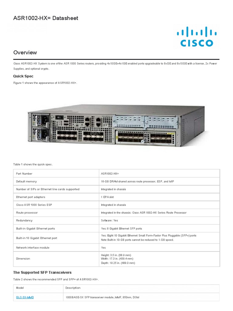 ASR1002-HX Datasheet: Quick Spec | PDF | Computer Networking | Physical ...