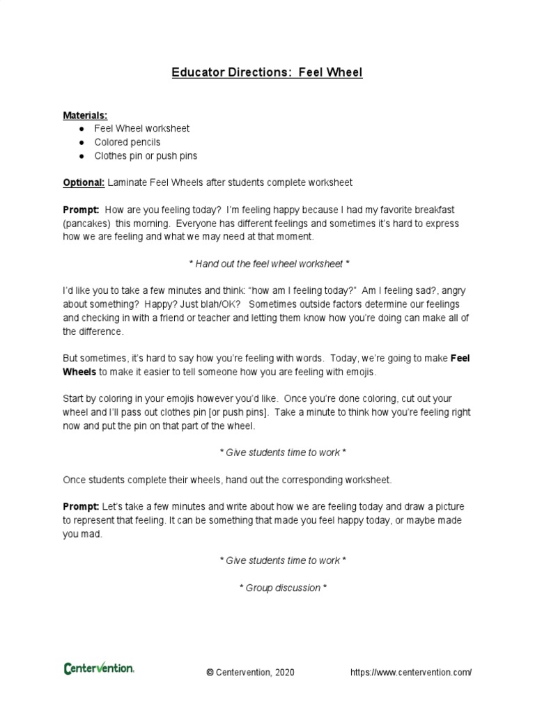 Educator Directions: Feel Wheel: Materials | PDF