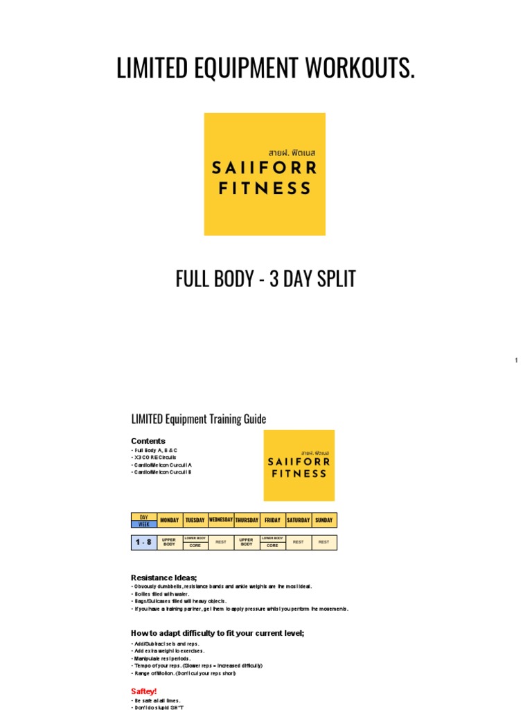 Limited Equipment Workouts.: Full Body - 3 Day Split | PDF | Physical ...