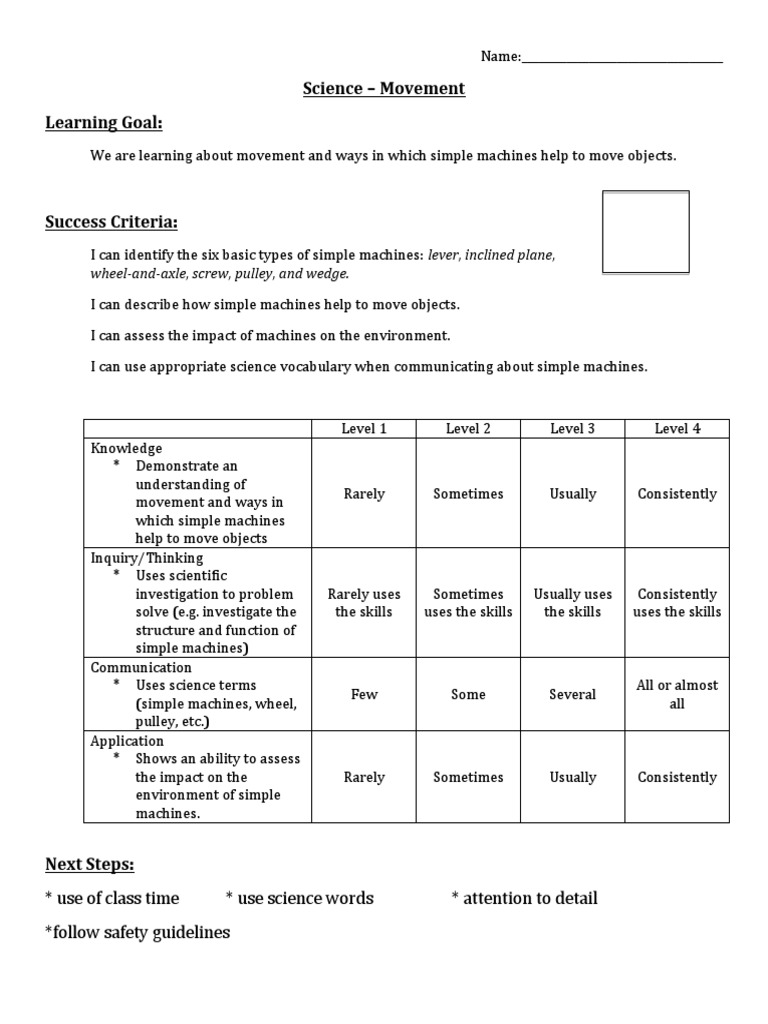 Movement Simple Machines Rubric (gr2) | PDF