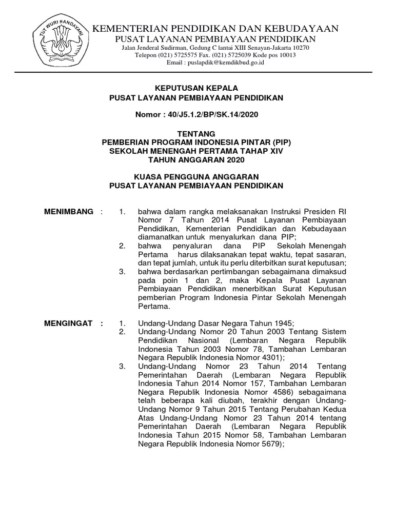 SK PIP SMP 2020 Tahap 14 | PDF | Pengelolaan Keuangan & Uang