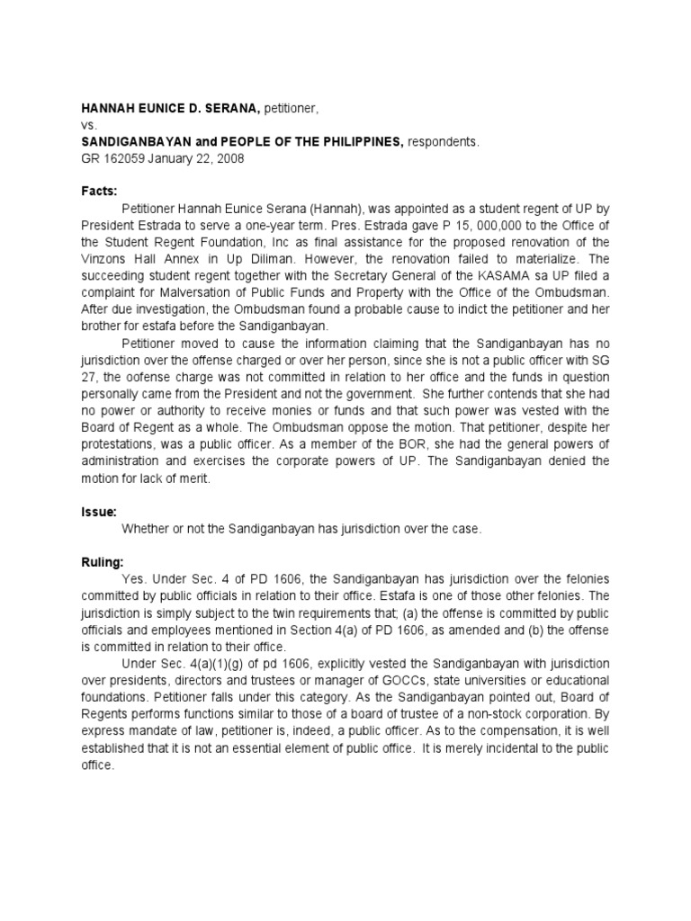Serana V Sandiganbayan Case Digest | PDF | Crime & Violence | Crime ...