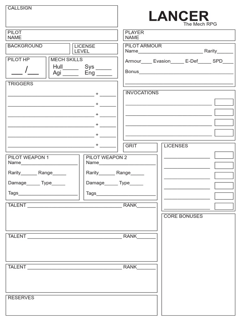 Lancer RPG Character Sheet | PDF | Weaponry