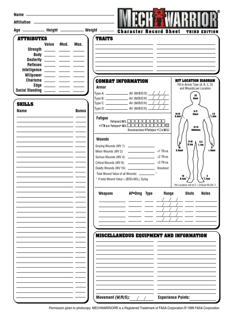MechWarrior 3rd Edition (Character Sheet) PDF | PDF | Role Playing ...