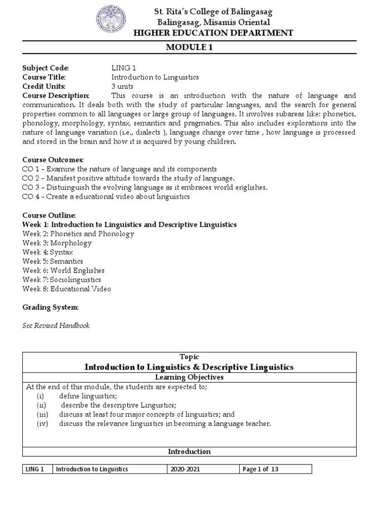 Ling 1 Module Number 1 | PDF | Linguistics | Phonology