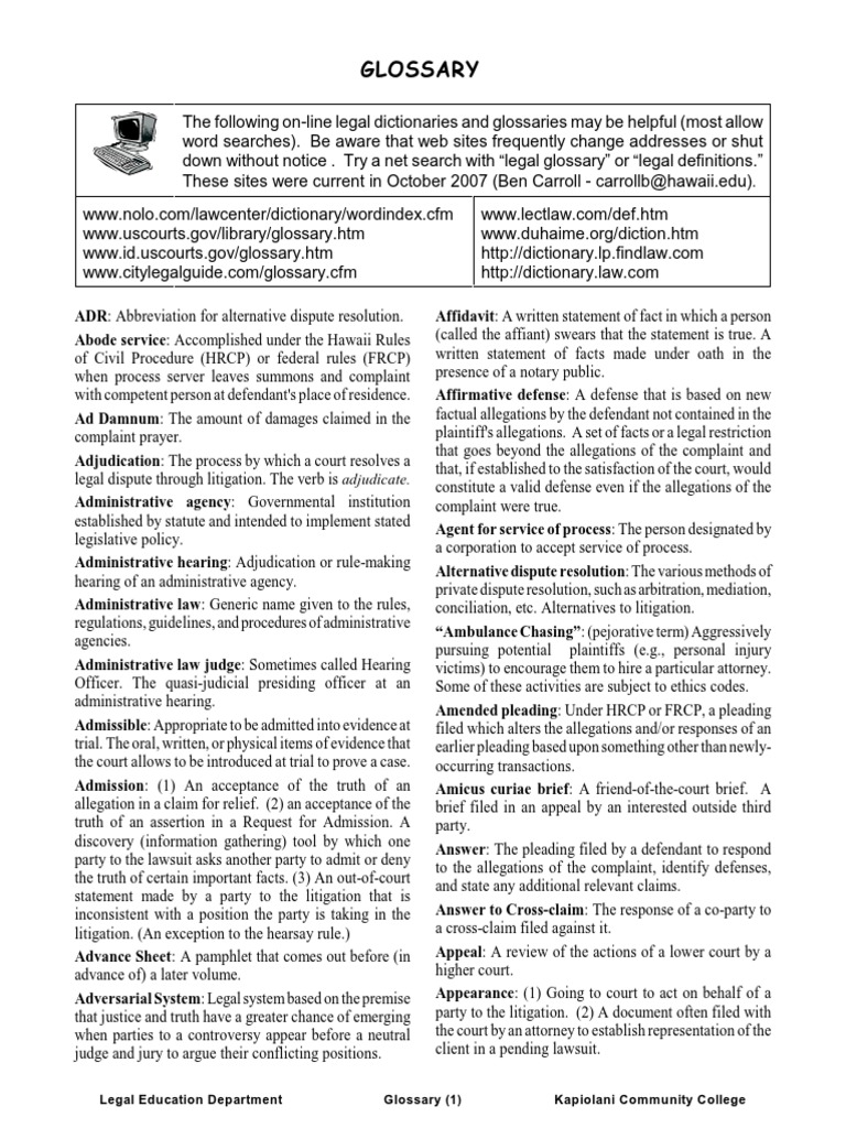 Basic Legal Glossary | PDF | Lawsuit | Discovery (Law)