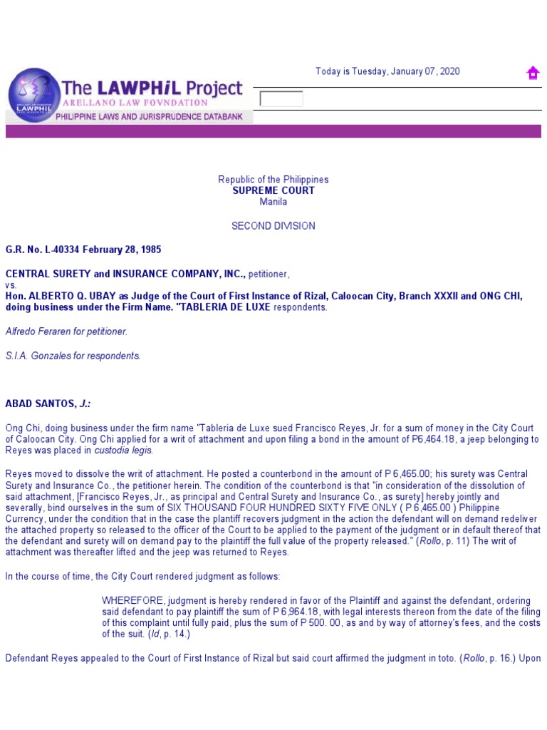 3 Central Surety and Insurance Company vs. Ubay | PDF | Surety | Bail