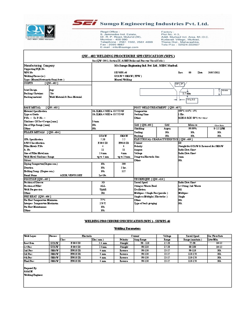 WPS-46 - Gtaw & Smaw Tig + Smaw | PDF | Welding | Construction
