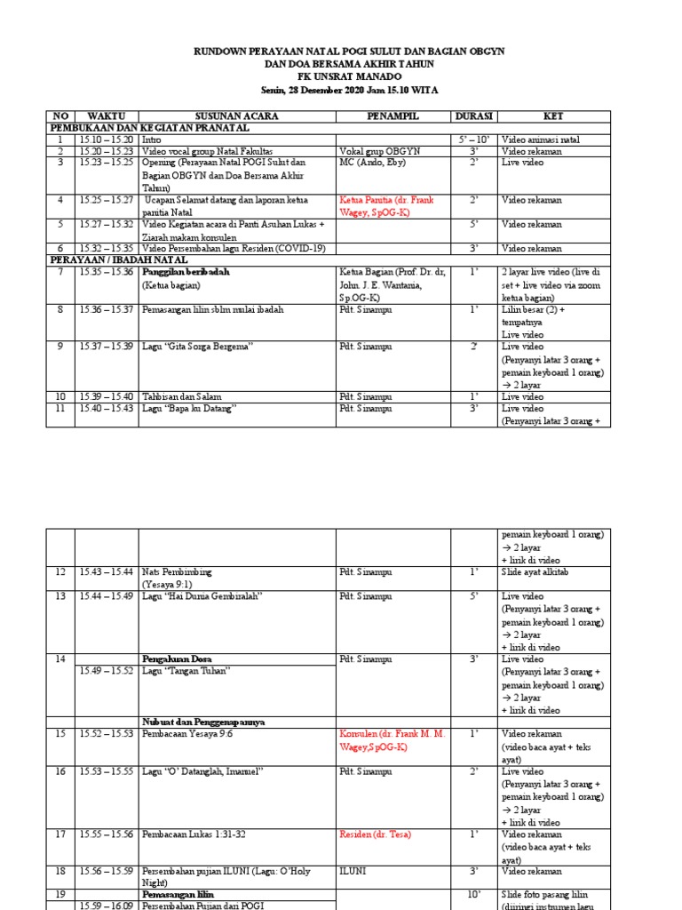 Rundown Perayaan Natal POGI Sulut 2020 | PDF