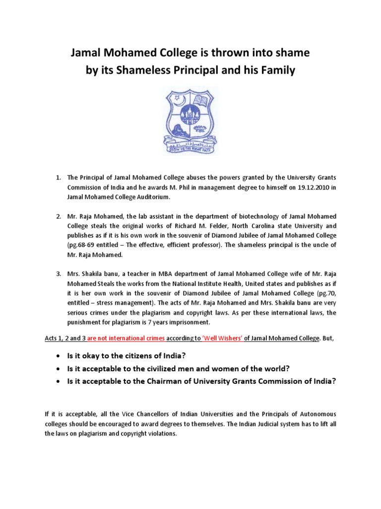 Jamal Mohamed College Is Thrown Into Shame by Its Shameless Principal ...