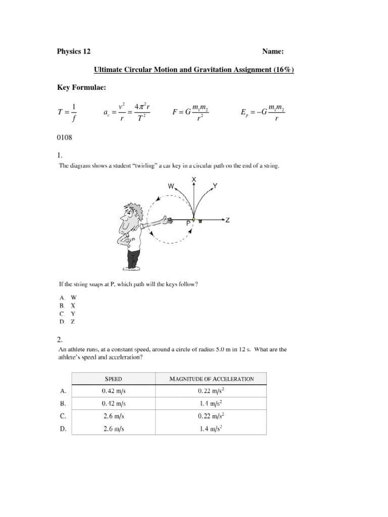 Physics 12 Name: Ultimate Circular Motion and Gravitation Assignment ...