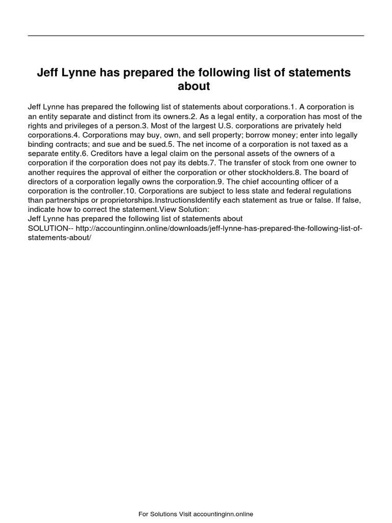 Jeff Lynne Has Prepared The Following List of Statements About PDF | PDF