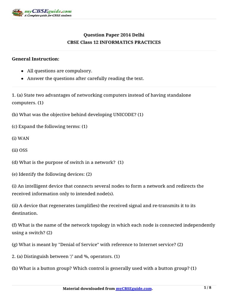 Question Paper 2014 Delhi Cbse Class 12 Informatics Practices | PDF ...