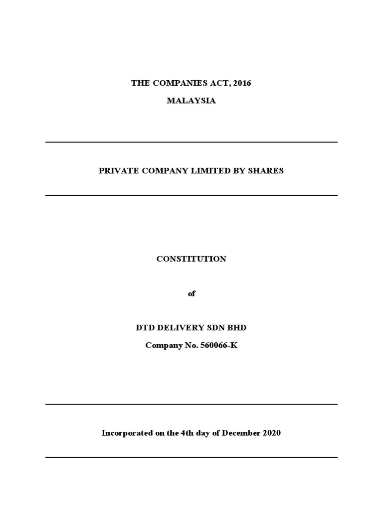 Company Constitution of DTD Delivery SDN BHD | PDF | Liquidation | Quorum