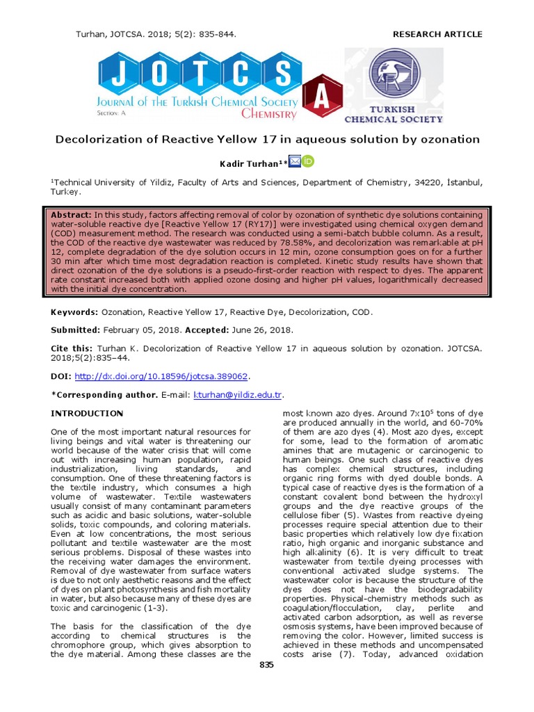 Decolorization of Reactive Yellow 17 in Aqueous Solution by Ozonation ...