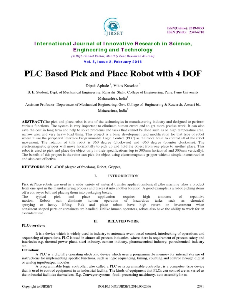 PLC Based Pick and Place Robot With 4 DOF: Nternational Ournal of ...
