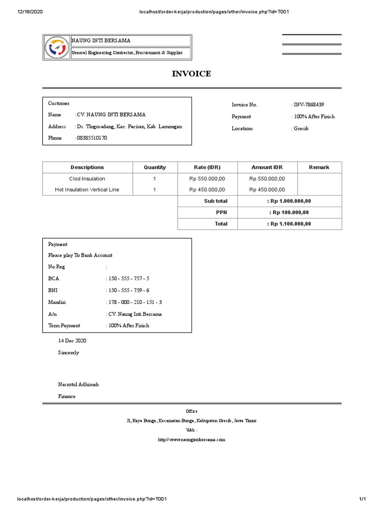Invoice: Descriptions Quantity Rate (IDR) Amount IDR Remark | PDF ...