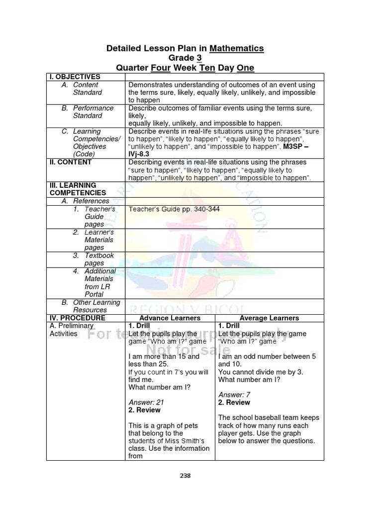 Detailed Lesson Plan in Mathematics Grade 3 Quarter Four Week Ten Day ...