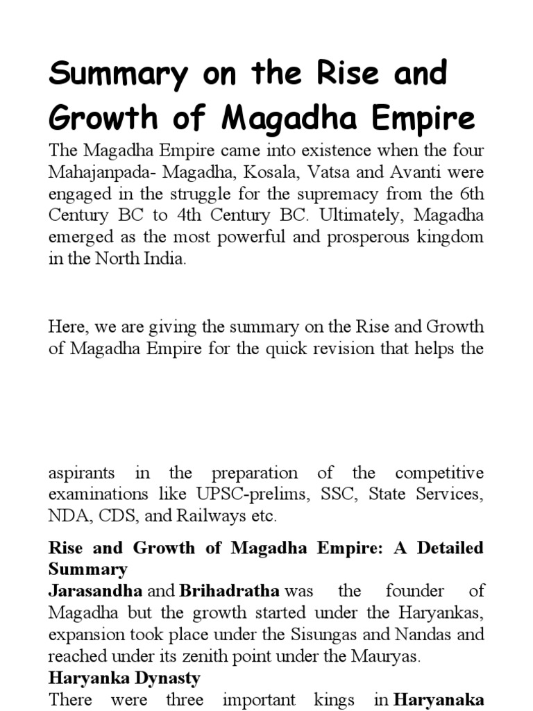 Summary On The Rise and Growth of Magadha Empire | PDF | Sikhism | Jainism