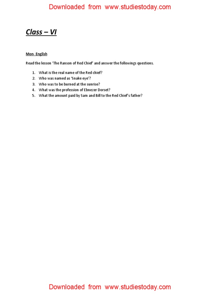 The Ransom of Red Chief: Study Questions for Chapter 1 | PDF