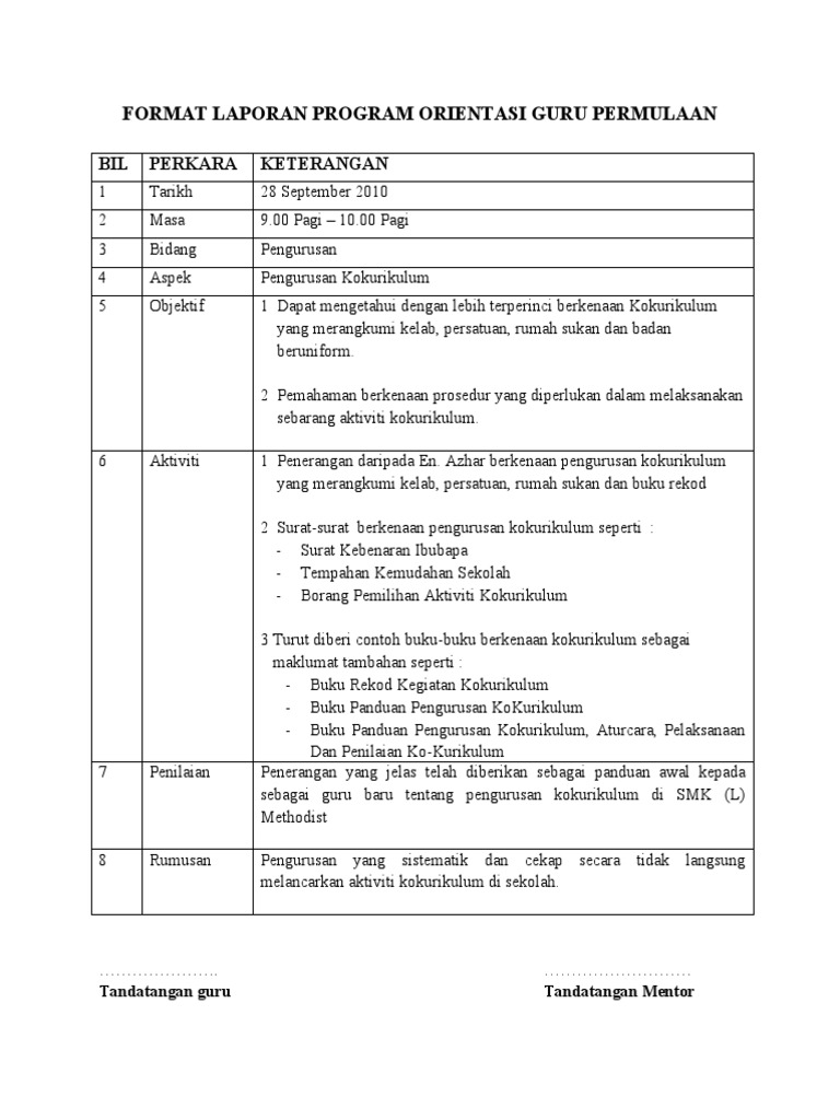 FORMAT LAPORAN PROGRAM ORIENTASI GURU PERMULAAN-ju | PDF