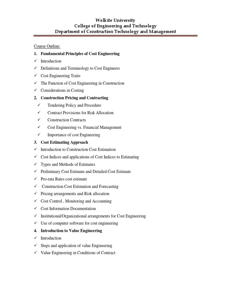 Cost Engineering Course Outline | PDF | Concrete | Labour Economics