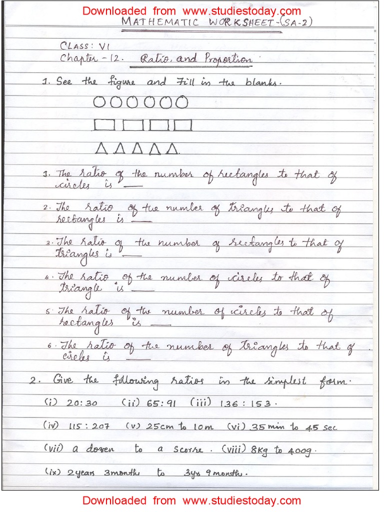 CBSE Class 6 Maths Ratio & Proportion Worksheet | PDF