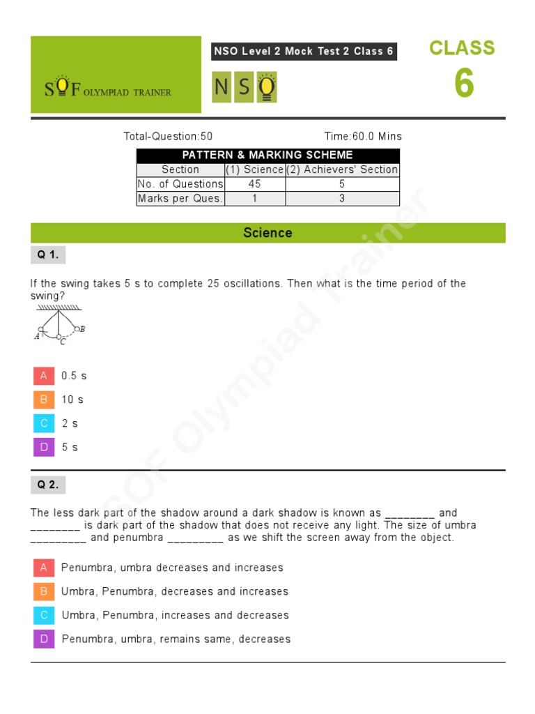 Class 6 NSO Level 2 Mock Test 2 | PDF | Solution | Shadow