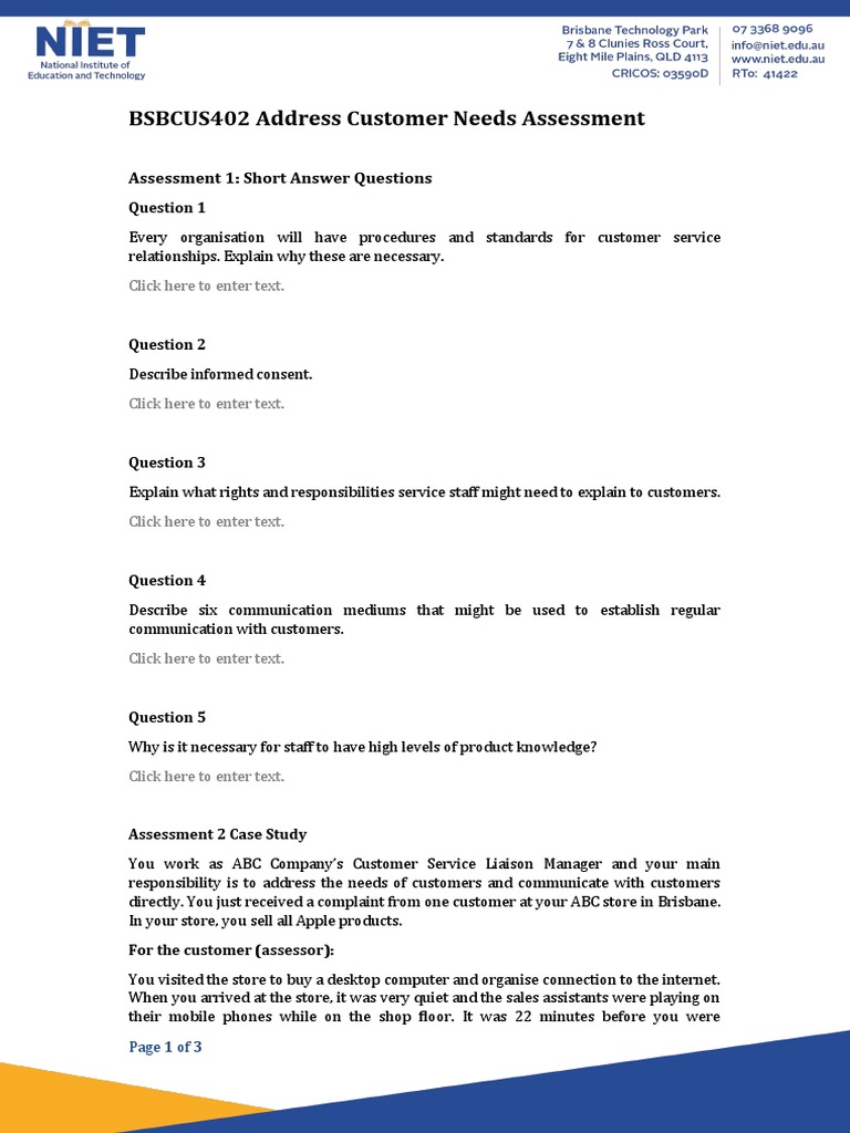 BSBCUS402 Address Customer Needs Assessment: Assessment 1: Short Answer ...