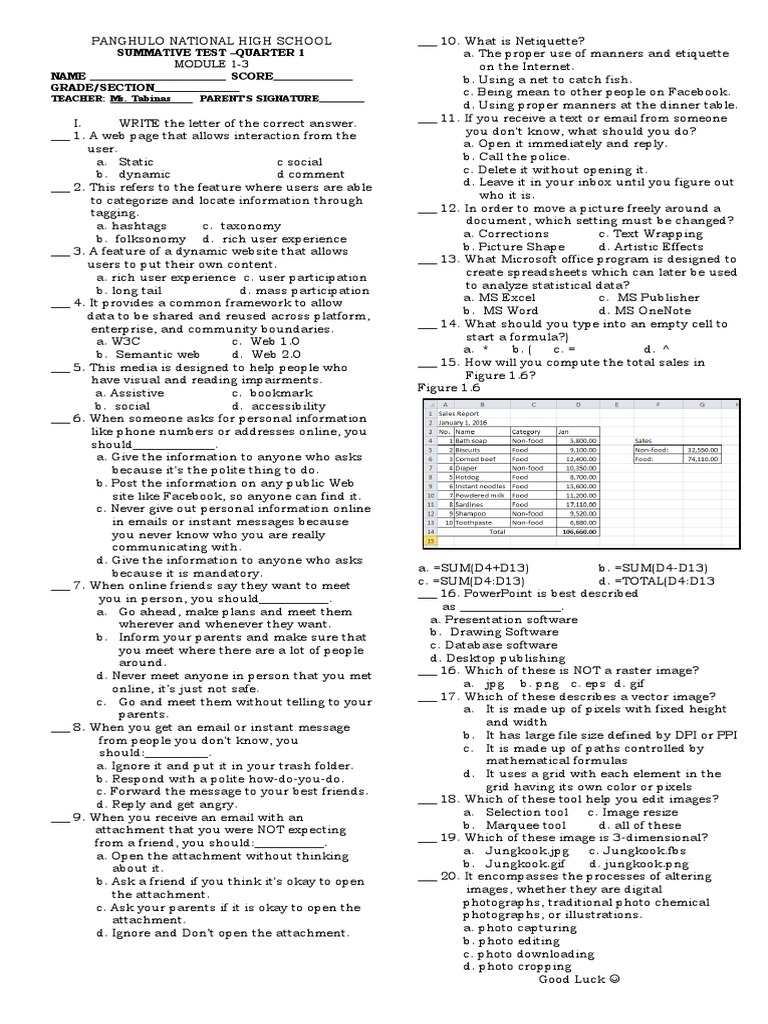Module 1-3: Summative Test - Quarter 1 NAME - SCORE - GRADE/SECTION ...