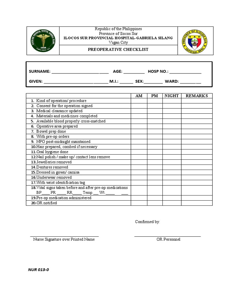 Preoperative Checklist | PDF