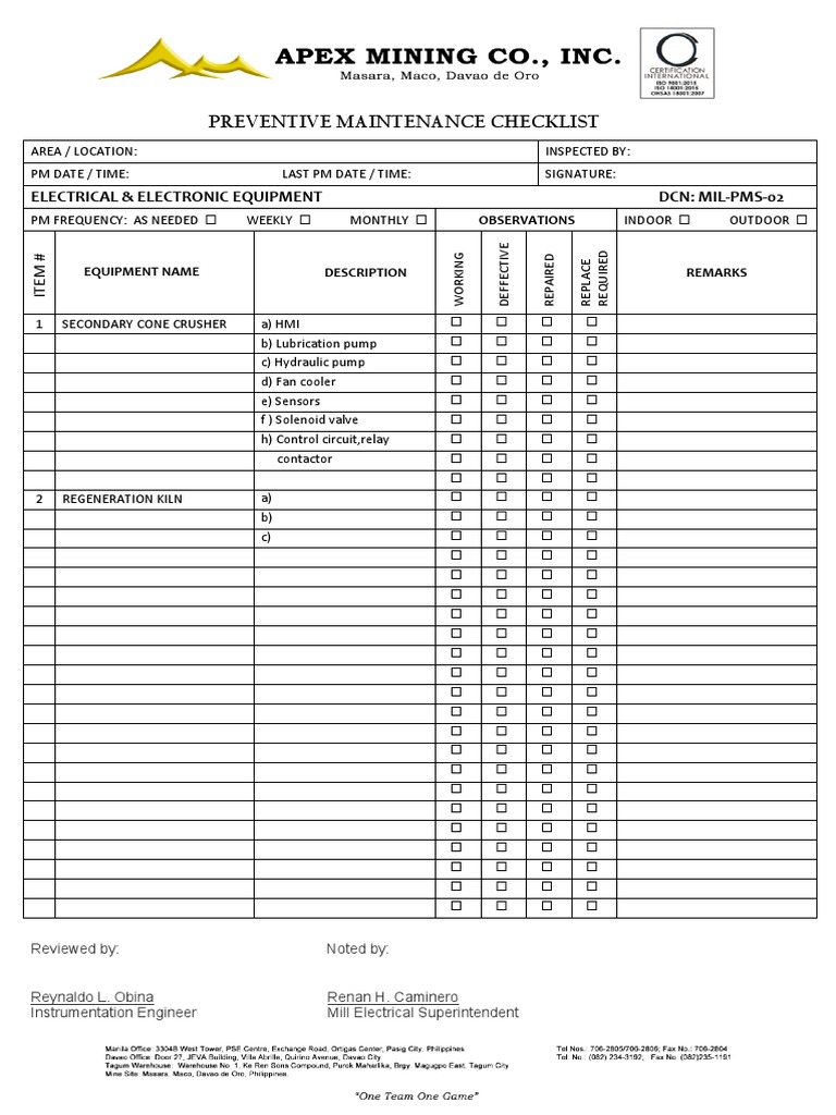 Preventive Maintenance Checklist | PDF | Tools | Electromagnetism