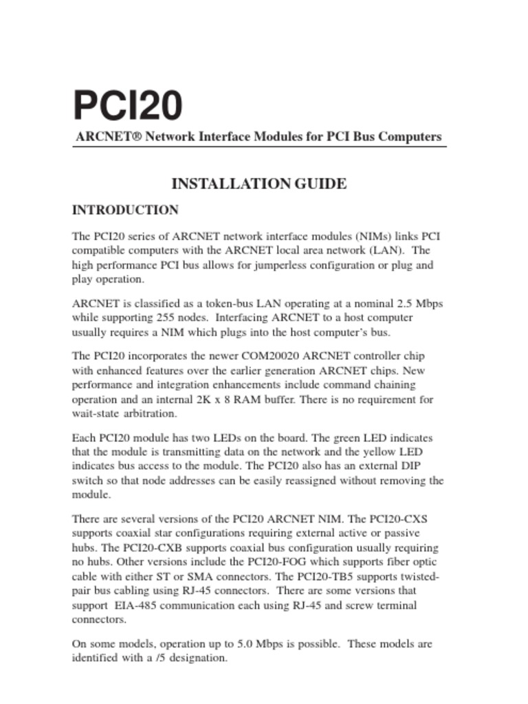 Installation Guide: ARCNET® Network Interface Modules For PCI Bus ...