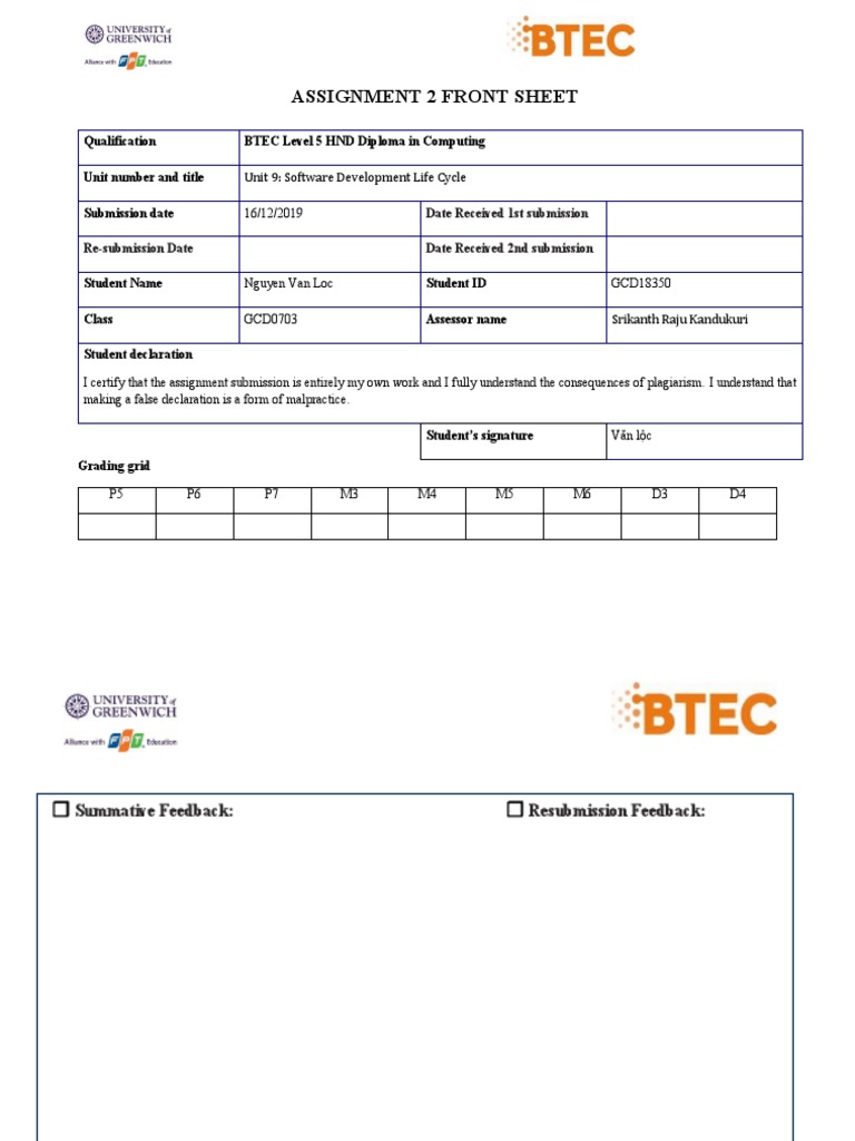 Assignment 2 Front Sheet: Qualification BTEC Level 5 HND Diploma in Computing Unit Number and ...