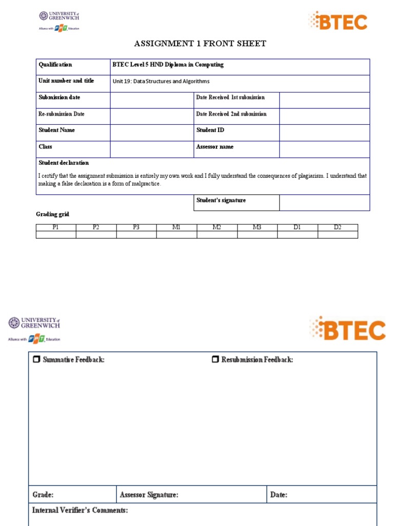 Assignment 1 Front Sheet: Qualification BTEC Level 5 HND Diploma in Computing Unit Number and ...