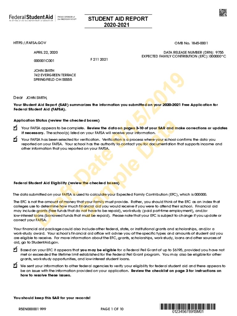 Draft Date 9/15/2019 Sample Data: Student Aid Report 2020-2021 | PDF ...