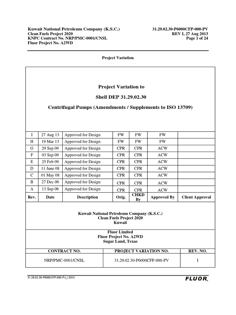Project Variation To Shell DEP 31.29.02.30 Centrifugal Pumps ...