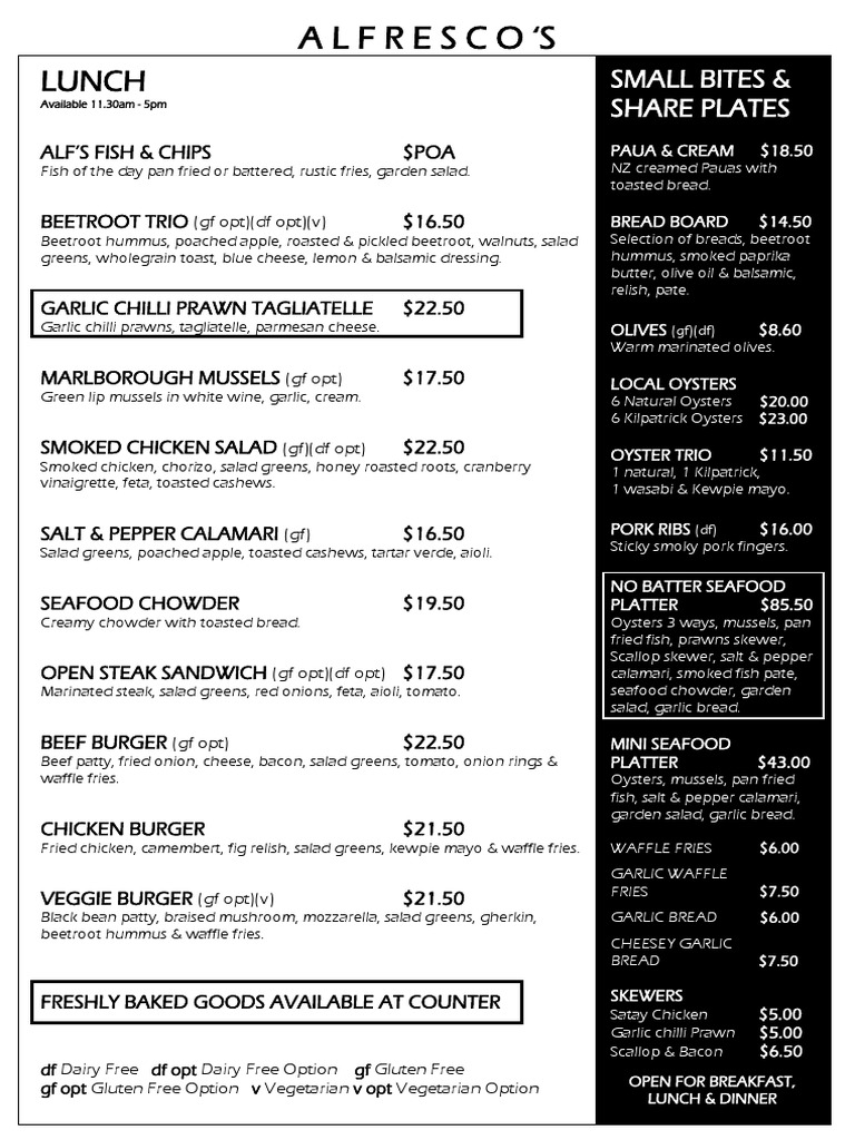 A La Carte Lunch Menu from Alfresco's Restaurant Offering Seafood ...