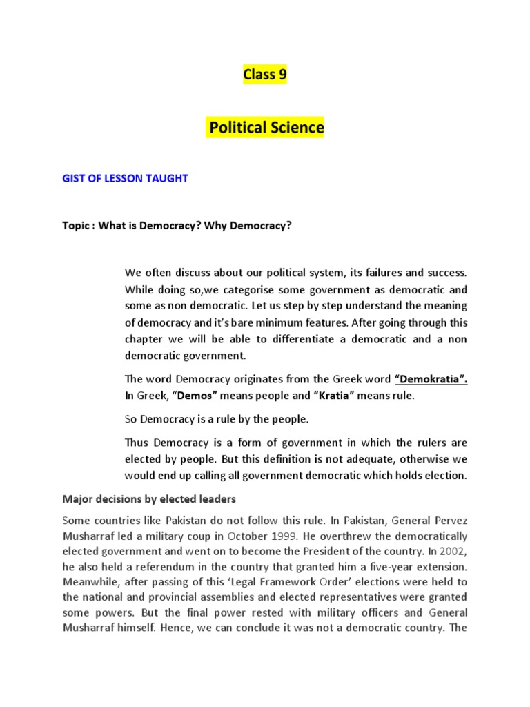 Political Science: Class 9 | PDF | Elections | Democracy