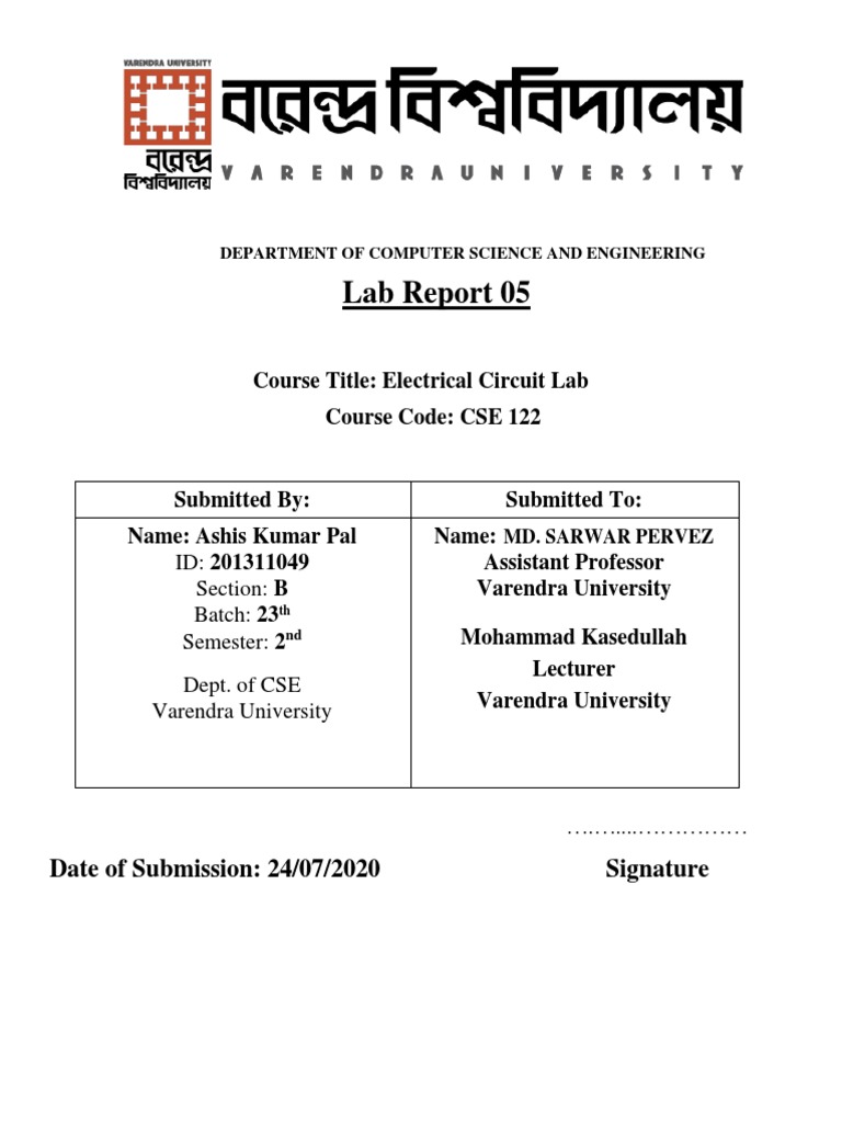 Lab Report 05: Course Title: Electrical Circuit Lab Course Code: CSE 122 | PDF