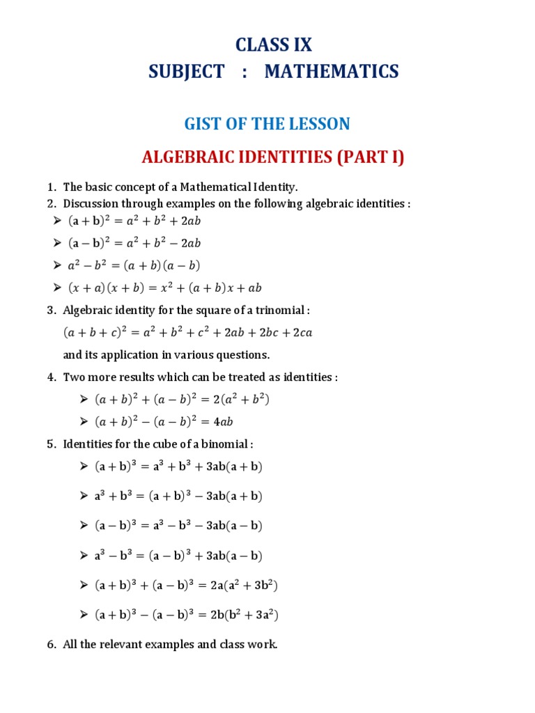 Class Ix Subject: Mathematics: Algebraic Identities (Part I) | PDF ...