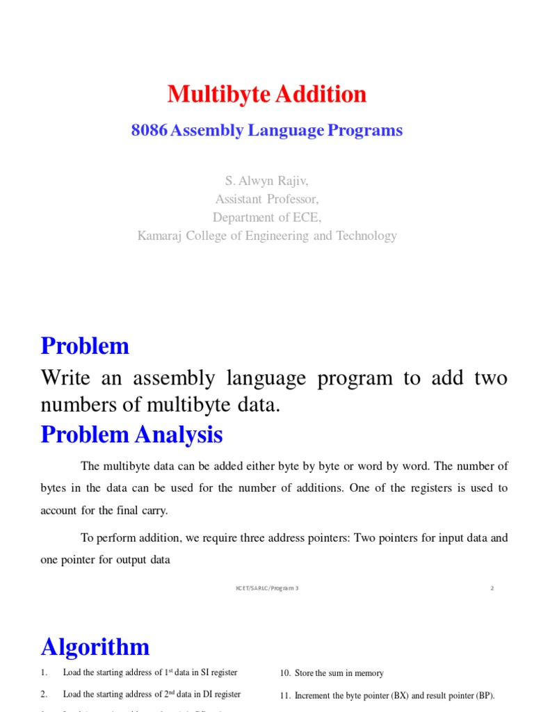 Program 3 Multibyte Addition 8086 | PDF | Pointer (Computer Programming) | Computer Data